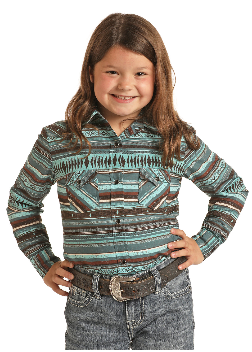 Girl's Panhandle Blue & Brown Long Sleeve Shirt #G4S333-C | High ...